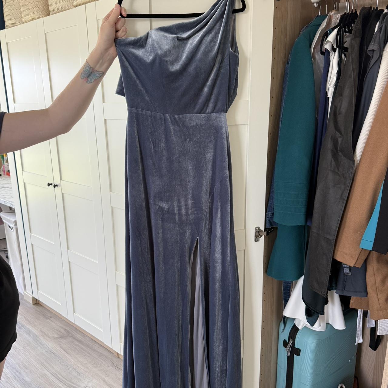 Periwinkle blue velvet maxi dress with one shoulder... | Depop