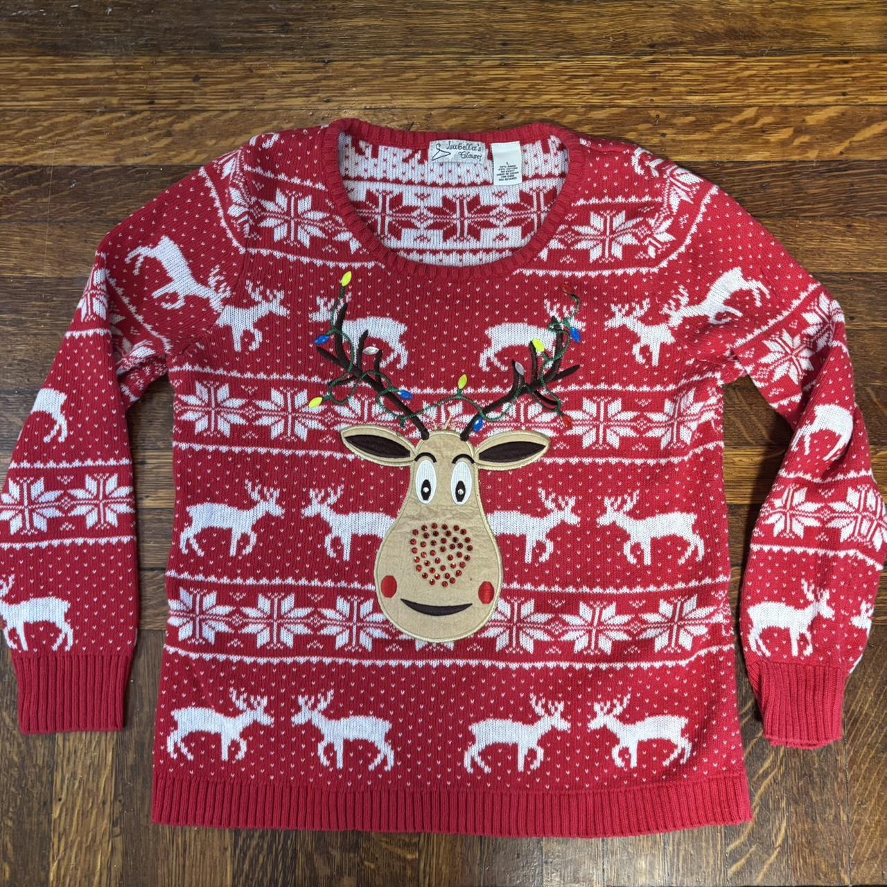 L Red and white Christmas sweater with a reindeer... - Depop