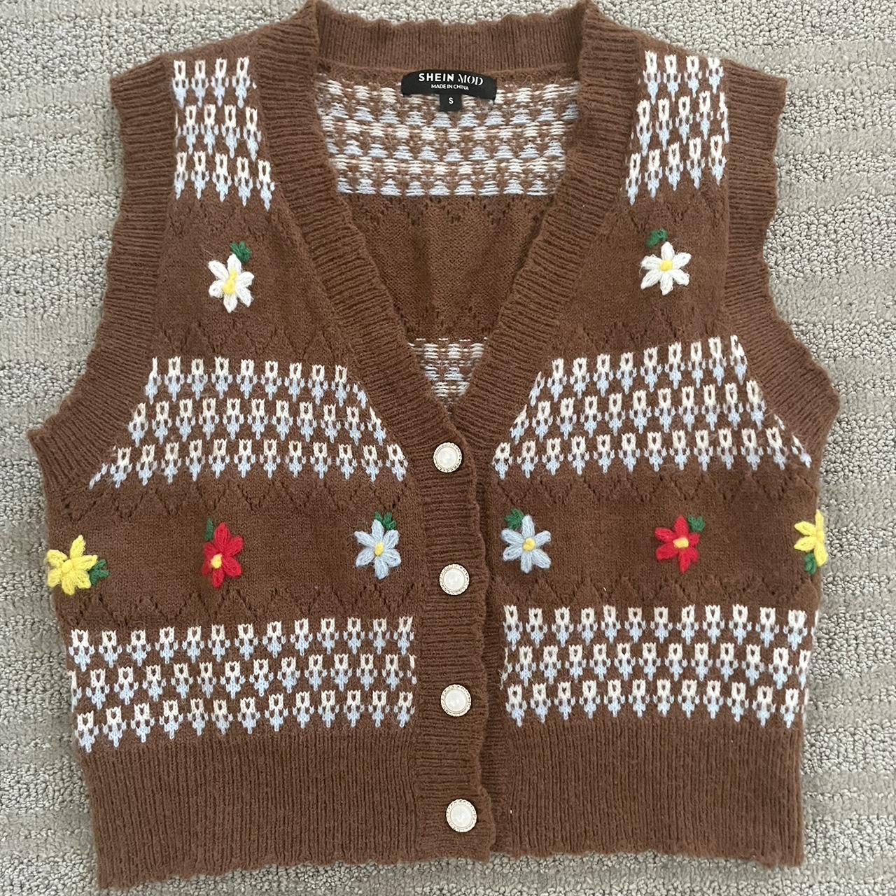 small brown floral detailed vest brand: shein... - Depop