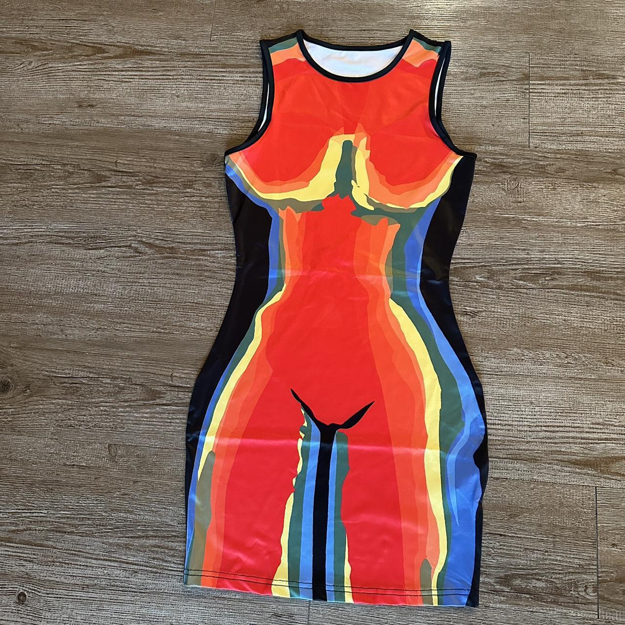 2000s mesh dress with colorful abstract pattern - Depop