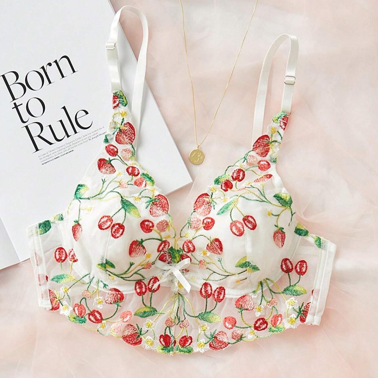 Cherry Print Underwire Bra! Color: Multicolor... - Depop