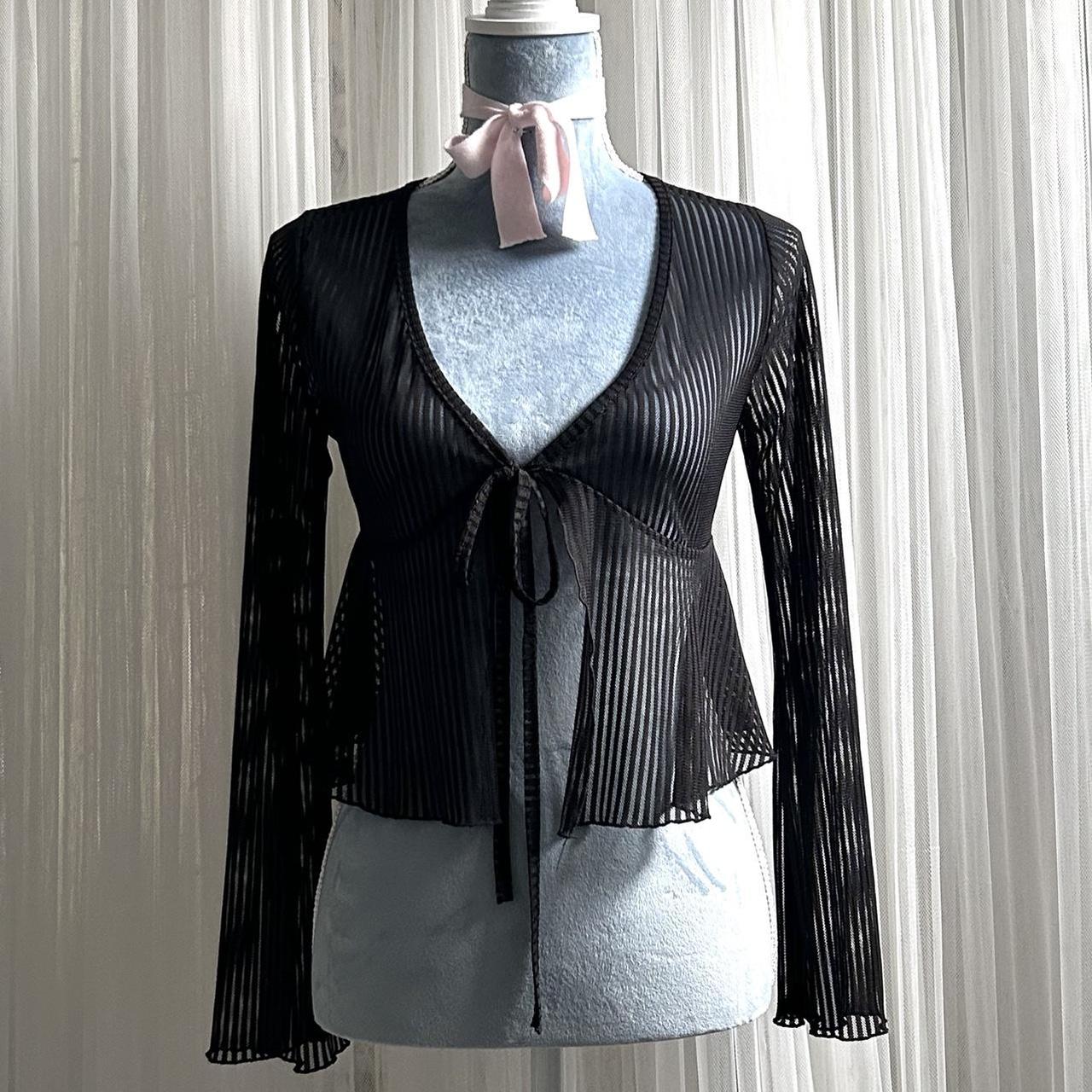 sheer black mesh flared long sleeve top with tie... - Depop