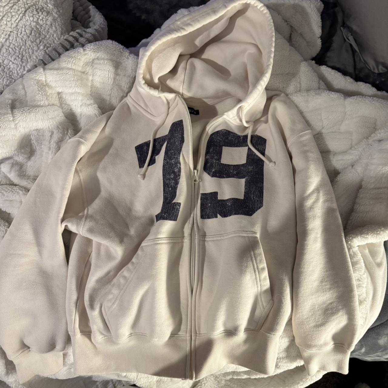 cream pacsun graphic zip up xs, worn one... - Depop