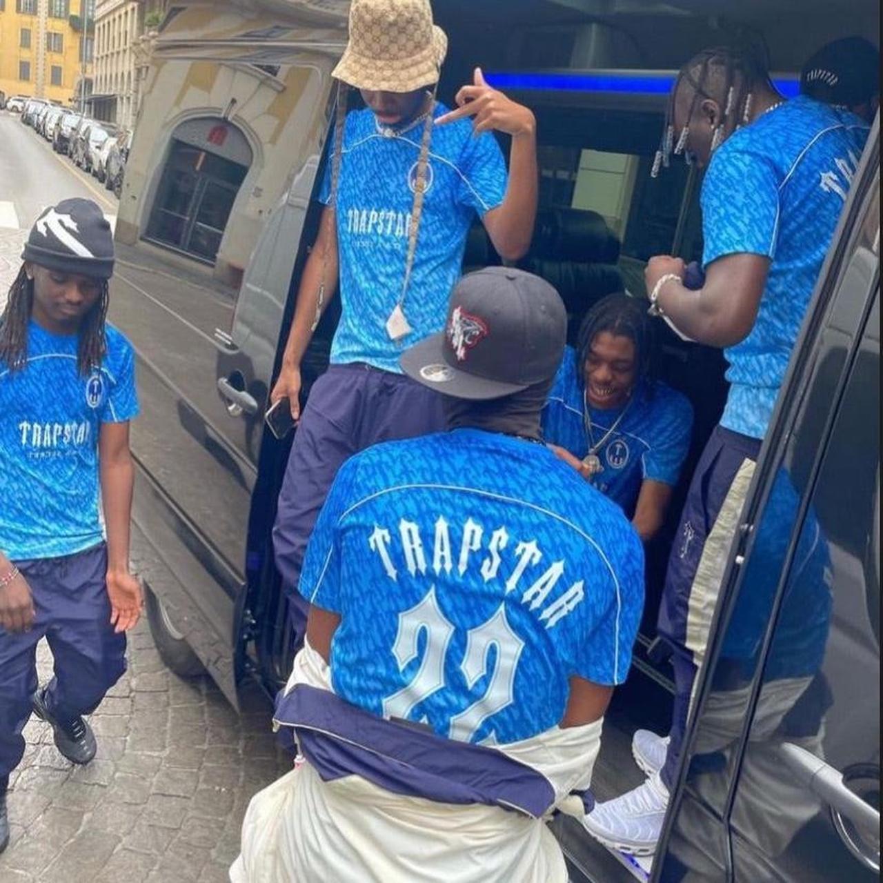 TRAPSTAR T MONOGRAM FOOTBALL JERSEY Blue gradient... - Depop