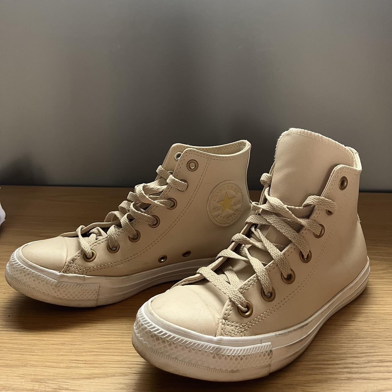 Limited addition light tan cream leather converse... - Depop