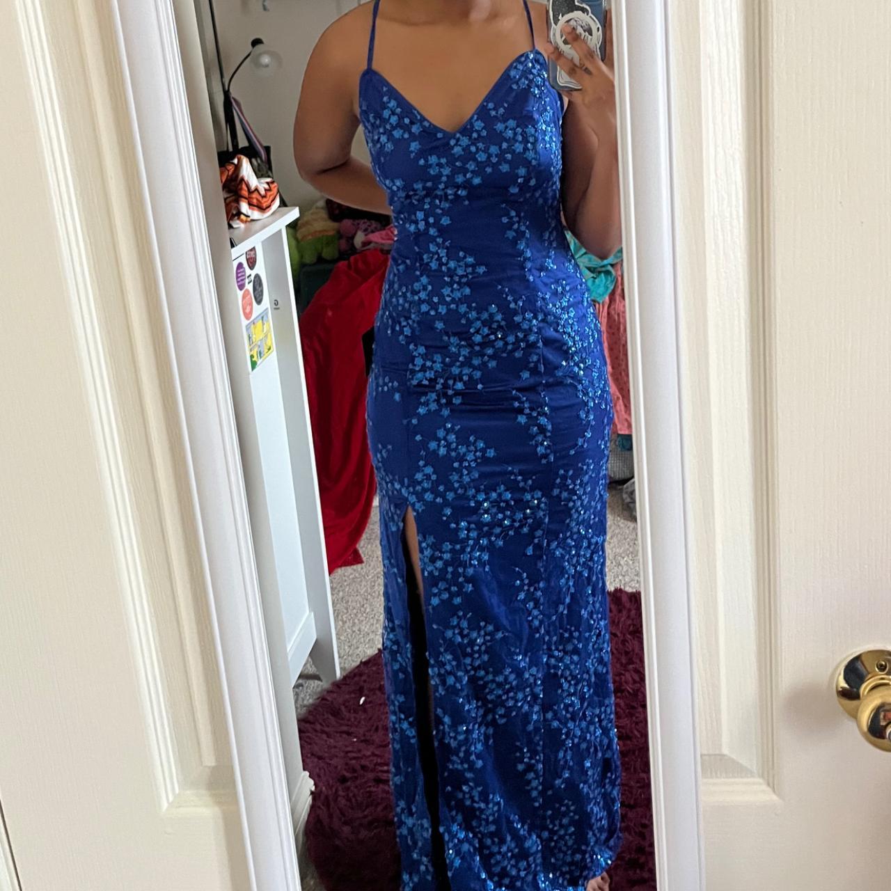 Royal blue, floral sequin pattern, prom/formal... | Depop
