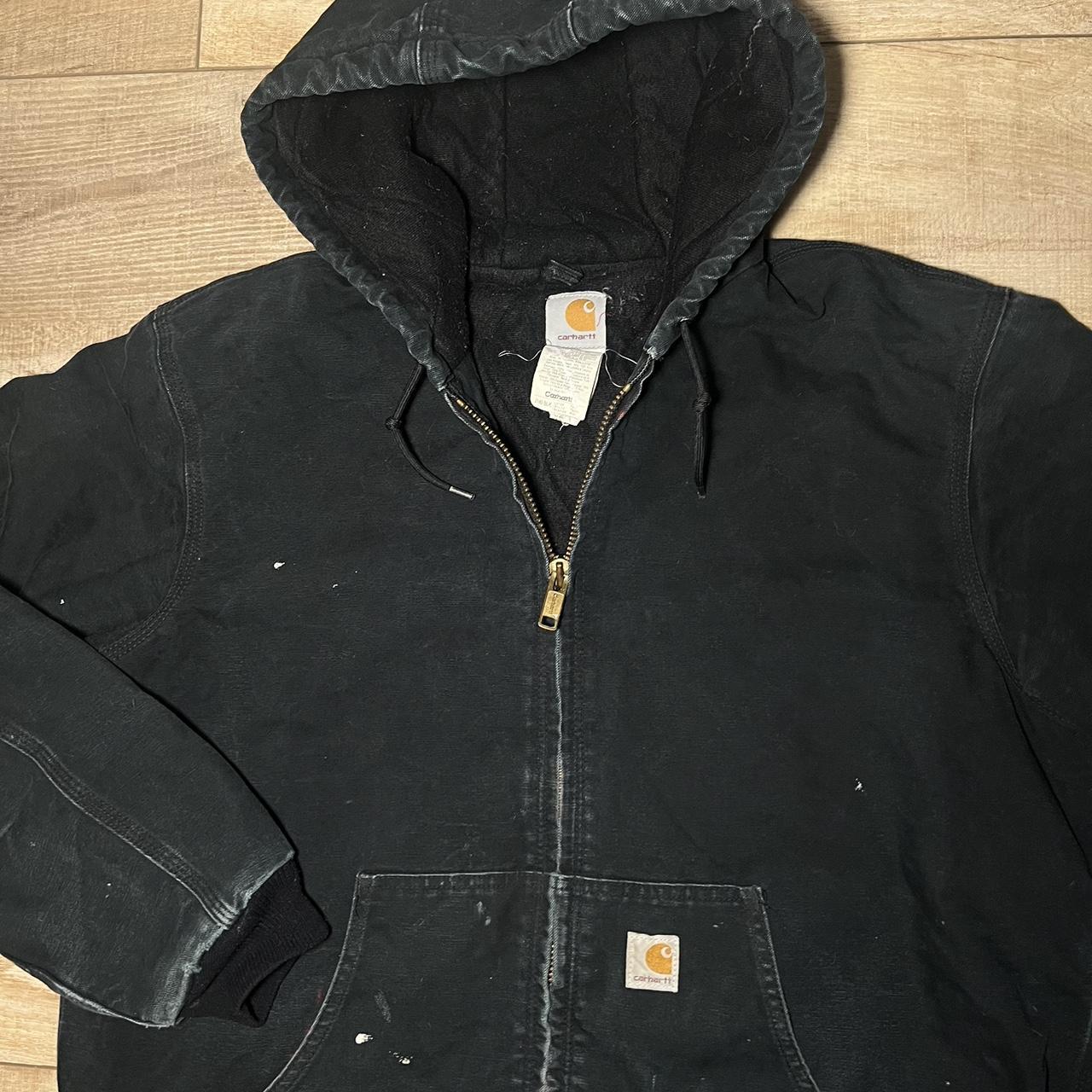 Vintage Black faded carhartt work jacket size large... - Depop