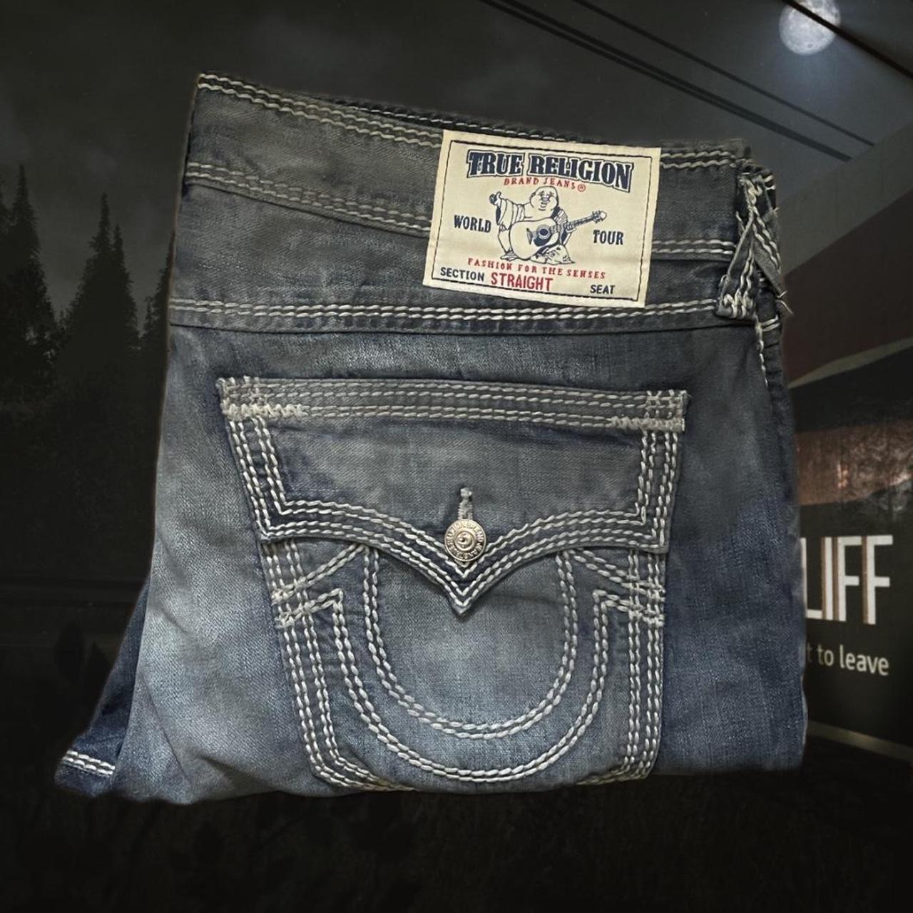 TRUE RELIGION DARK BLUE / GRAY STRAIGHT MEGA T JEANS... - Depop