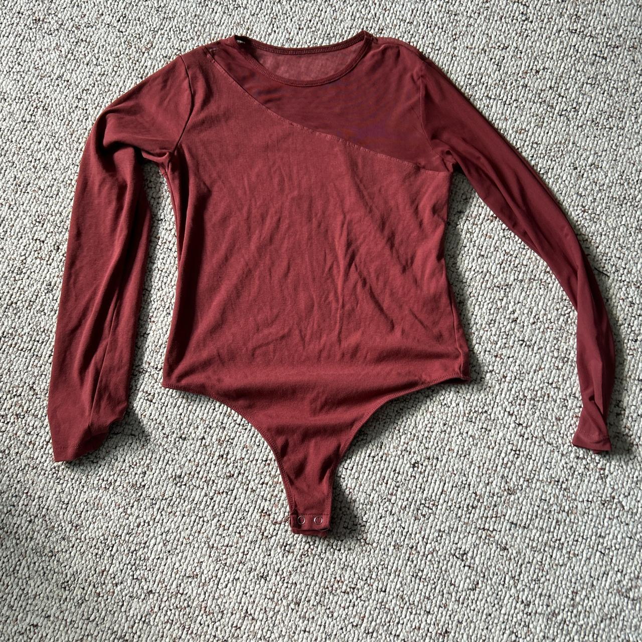 Burgundy body suit, mesh sleeve detail | Depop