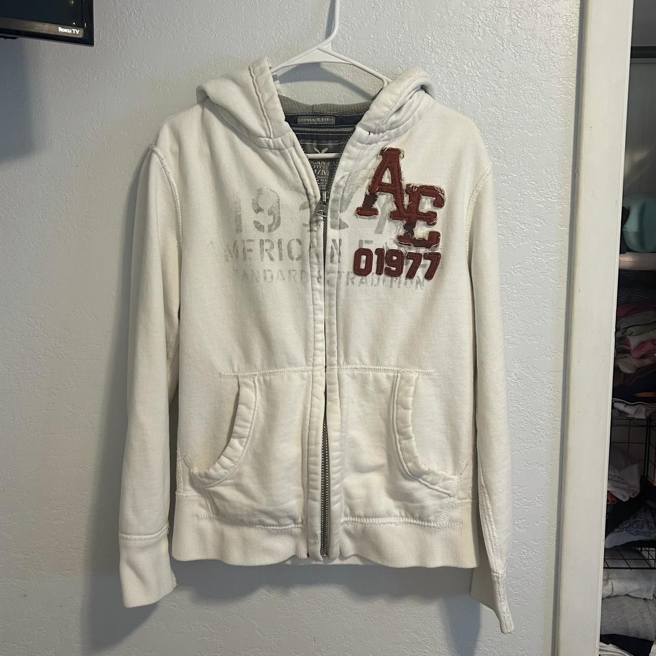 Vintage White American Eagle Zip Up Patch Hoodie... | Depop