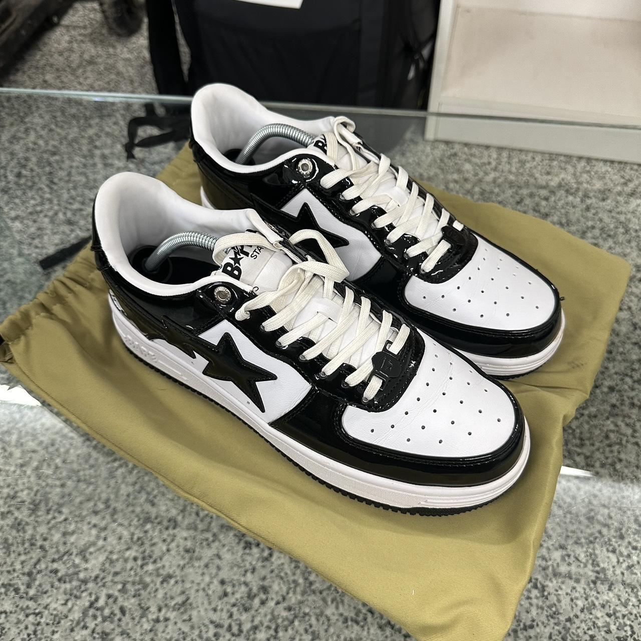 -Bapesta Black and white “patent leather” -Size... - Depop