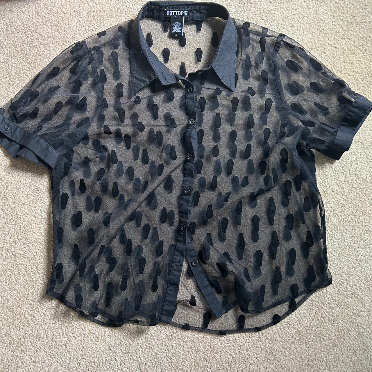 black transparent button up tee with coffin pattern.... - Depop