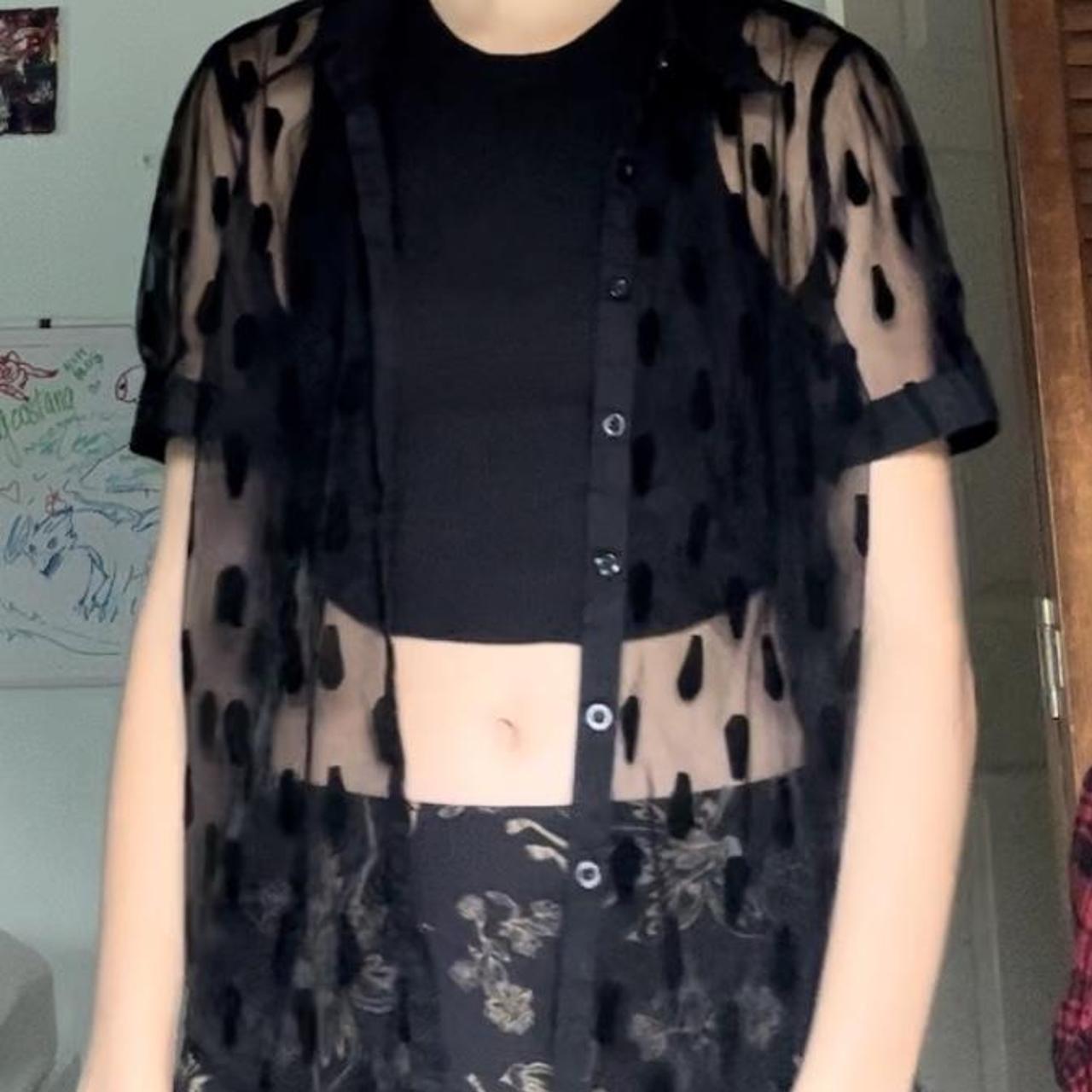 black transparent button up tee with coffin pattern.... - Depop