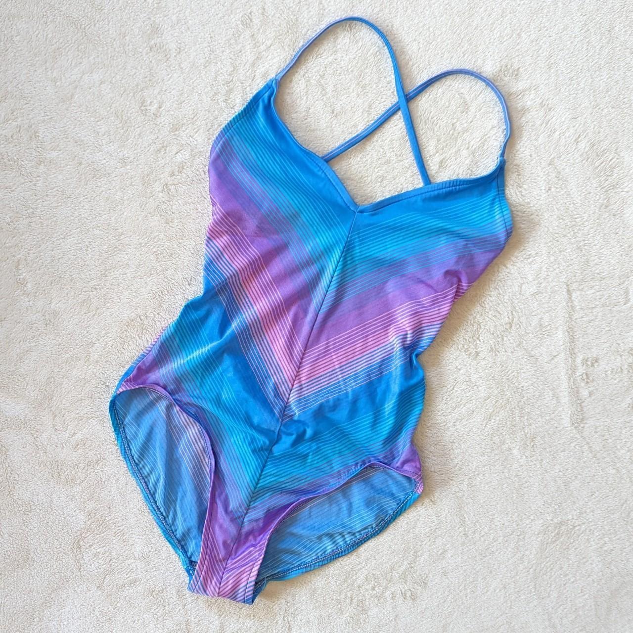 90s blue pink and purple striped one piece high cut... - Depop
