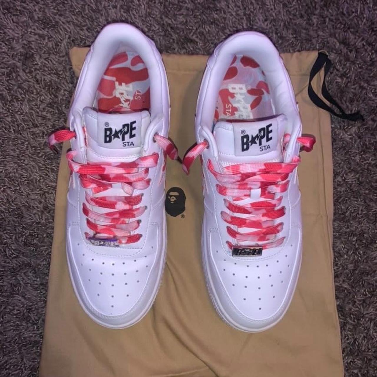 white and pink bapestas, worn a few times lil crease... - Depop