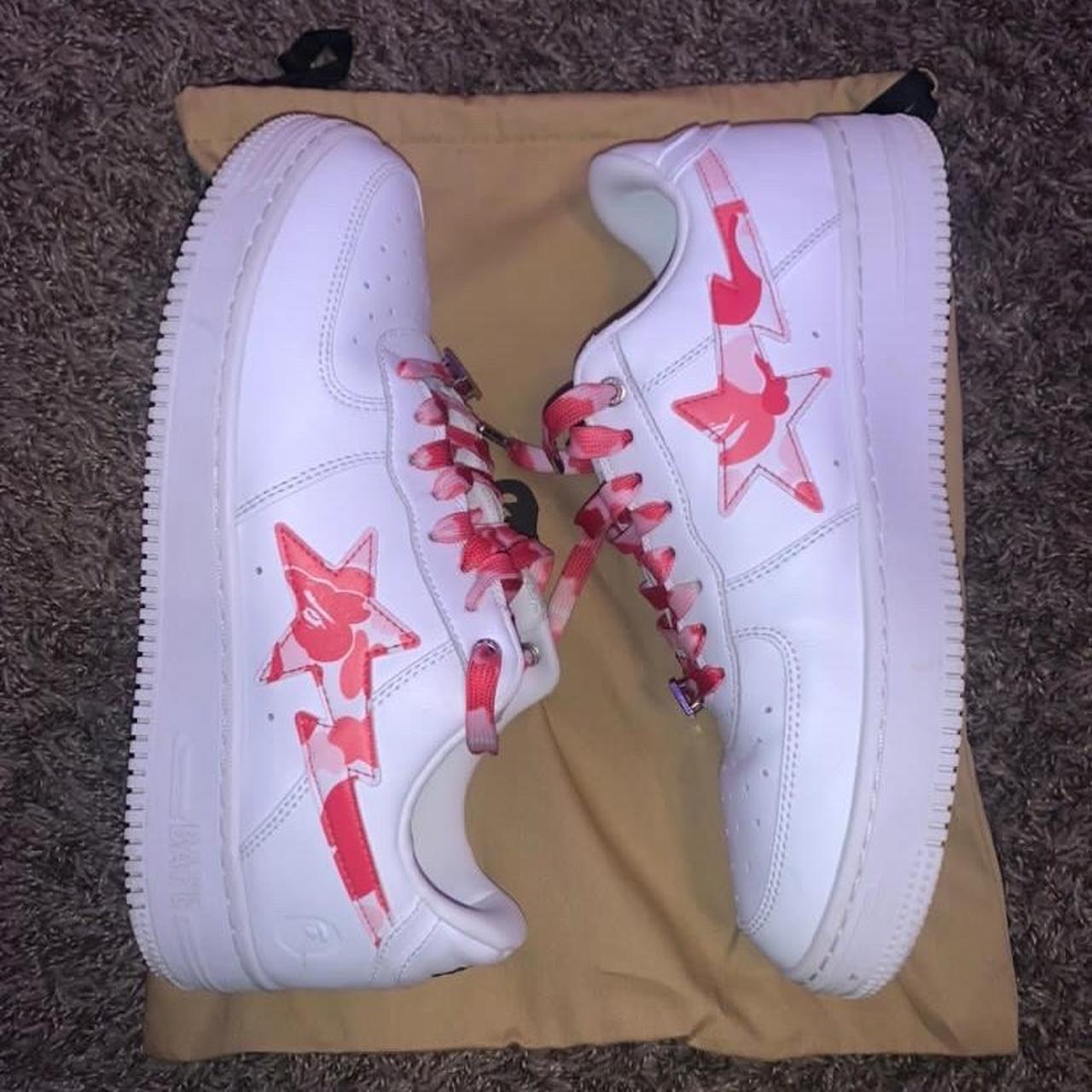 white and pink bapestas, worn a few times lil crease... - Depop