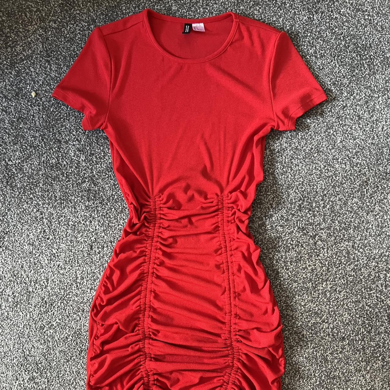 Red ruched mini dress - stretchy material, bodycon.... - Depop