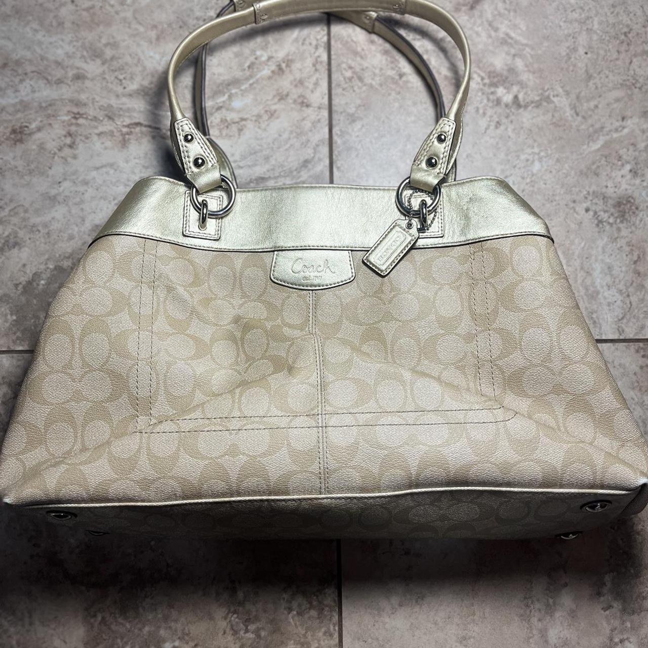 used coach purse tan and gold with pink interior (no... - Depop