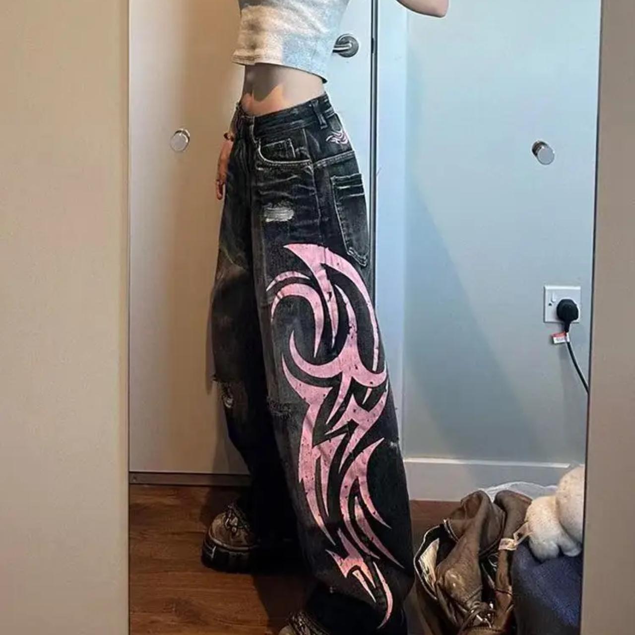 Black/pink baggy goth-style jeans with pink tribal... | Depop