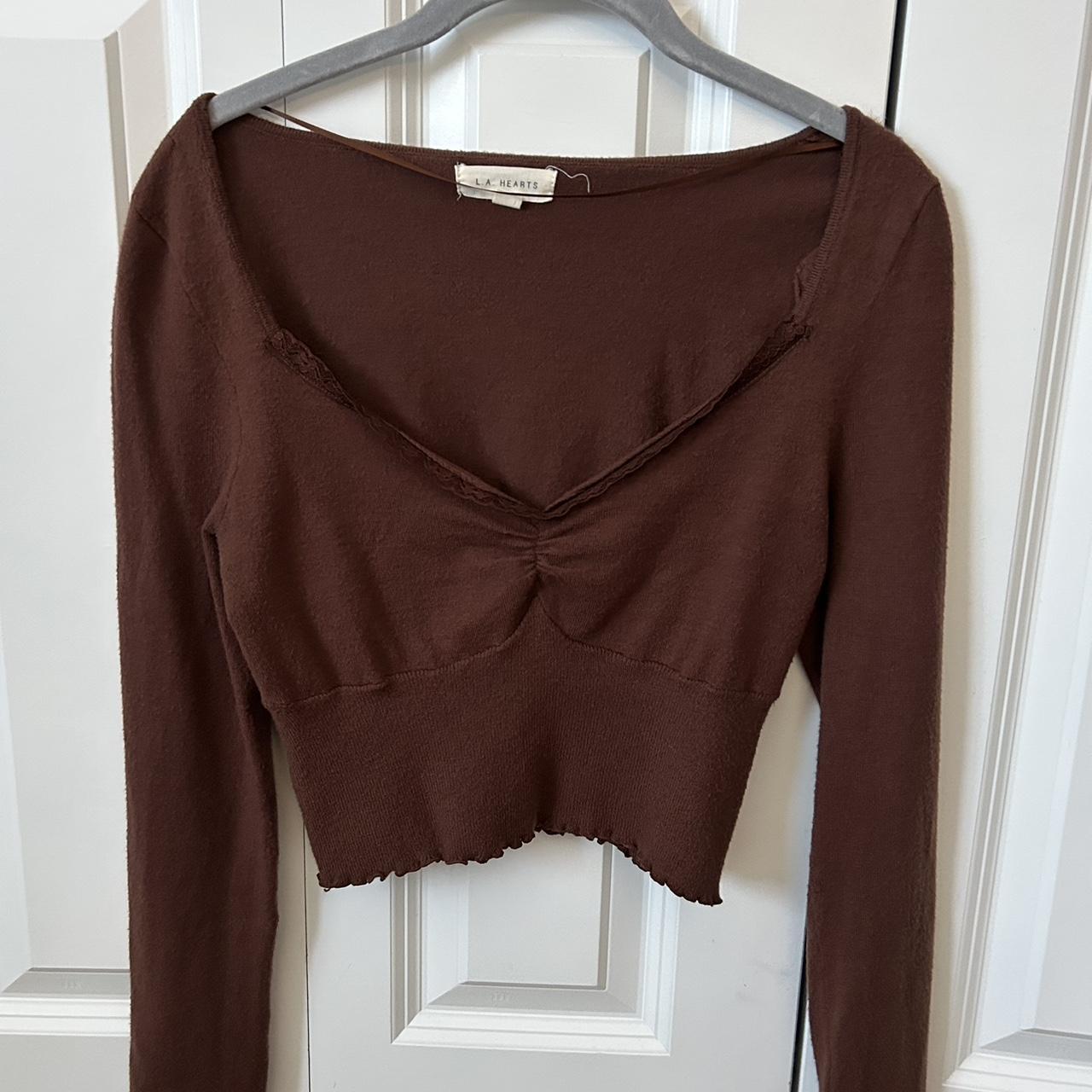 Small, brown, cropped sweater with lace neckline. - Depop