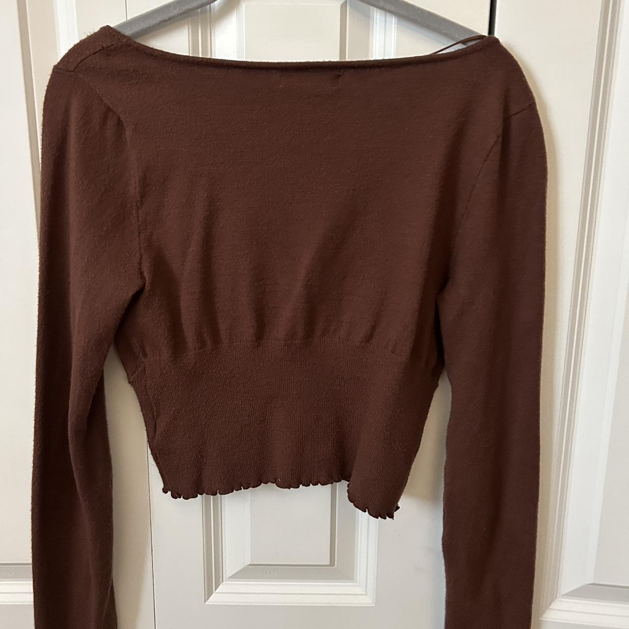 Small, brown, cropped sweater with lace neckline. - Depop
