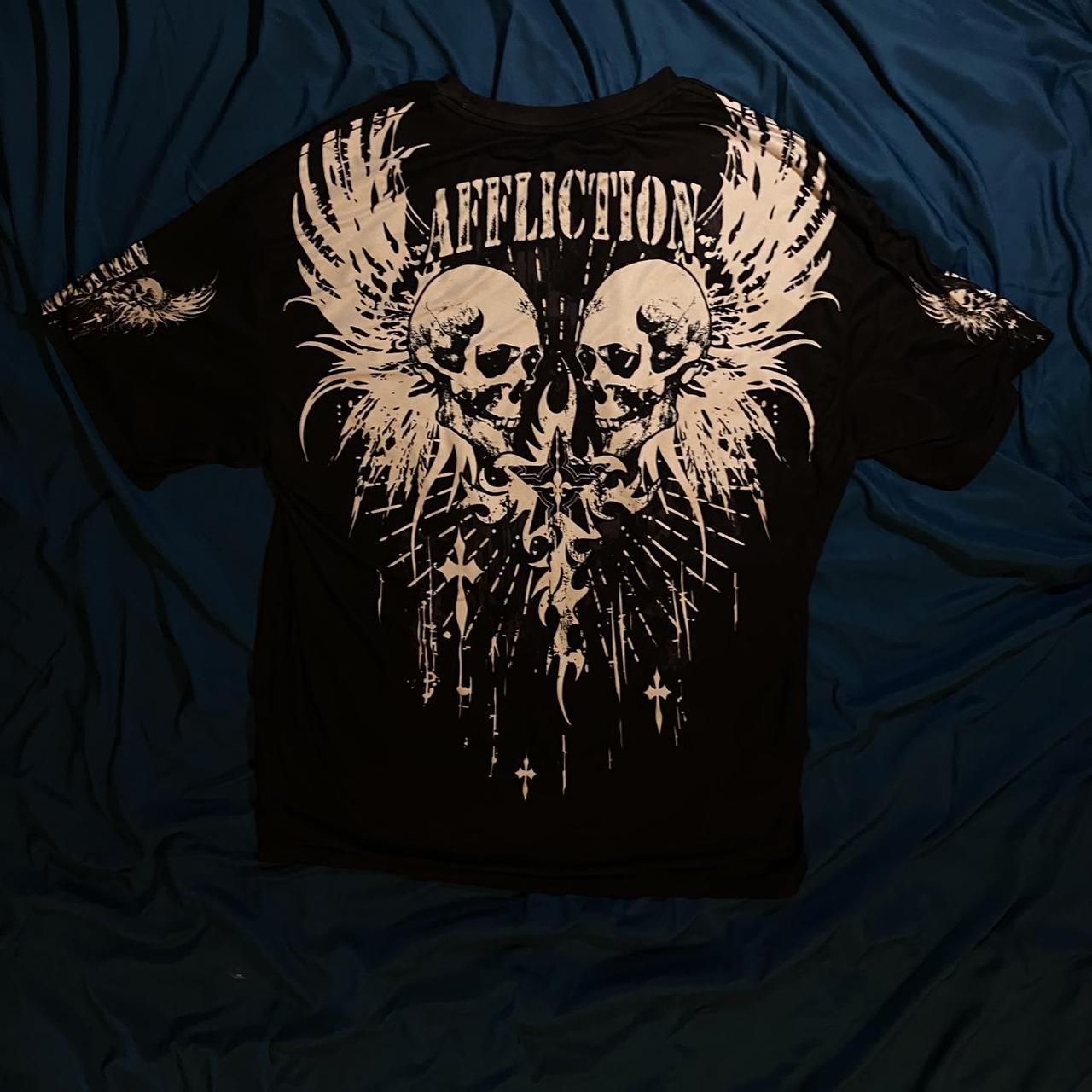 Affliction black and white skulls graphic tee... | Depop