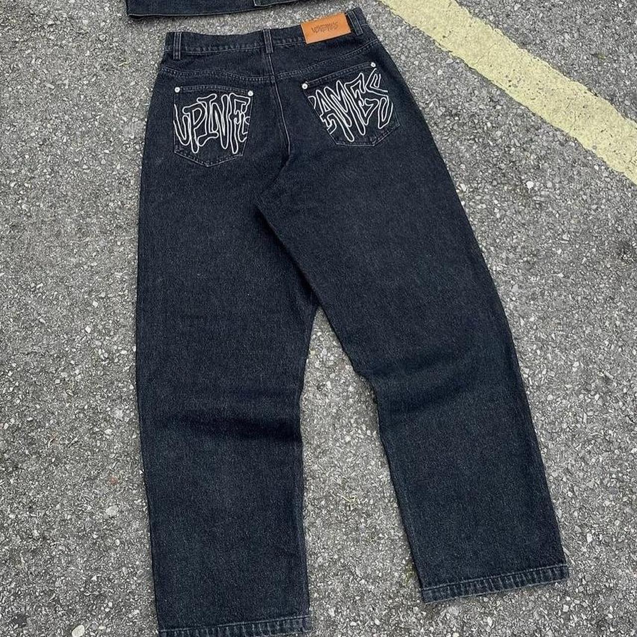 Large vintage Black Up In Flames Jeans 🔥 Bought of... - Depop