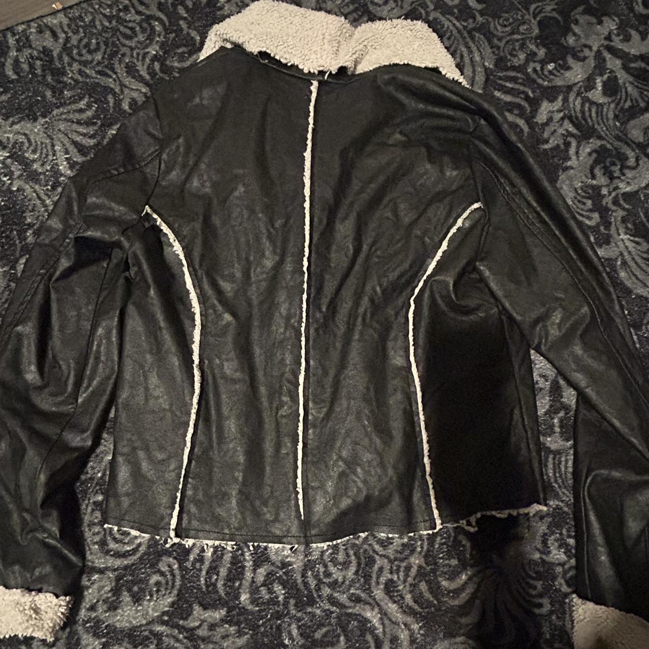 leather jacket w/furry inside & detailing on back... - Depop