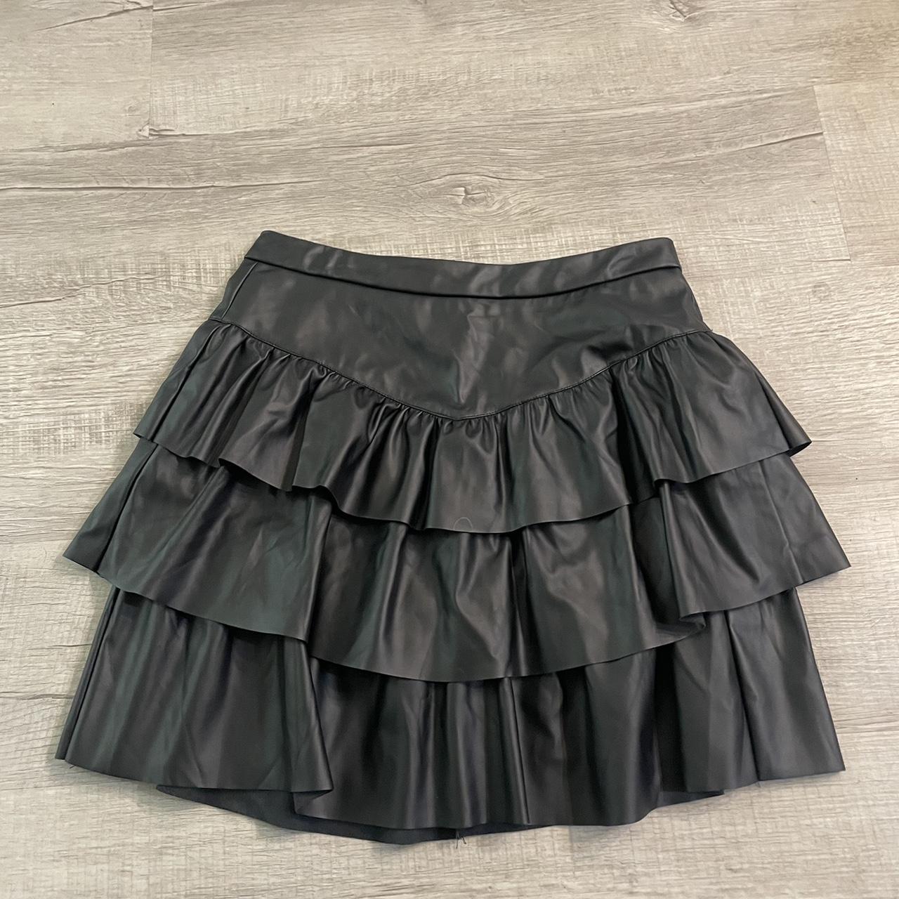 black leather ruffle mini skirt - Depop