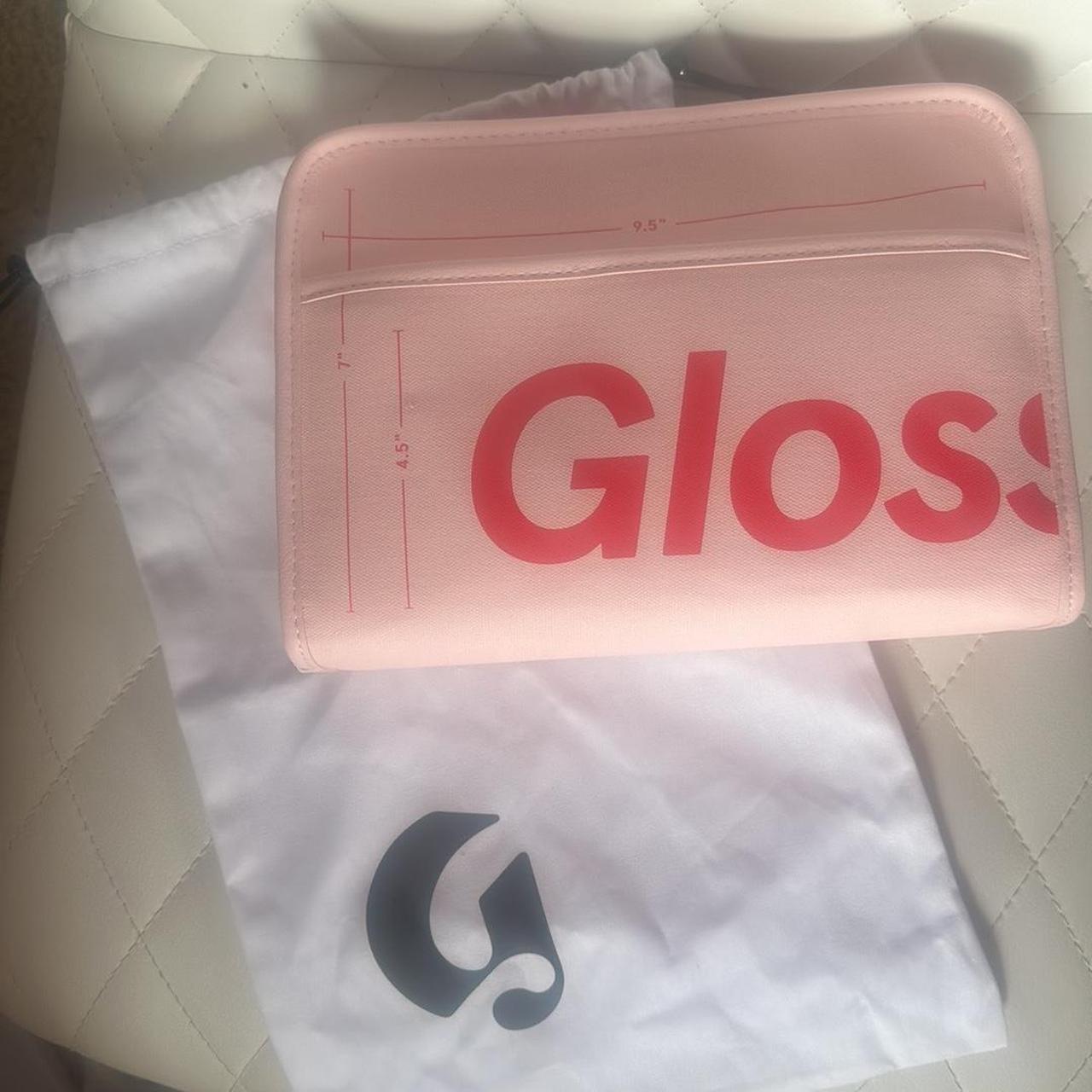 Glossier makeup bag in pink and white #makeupbag - Depop