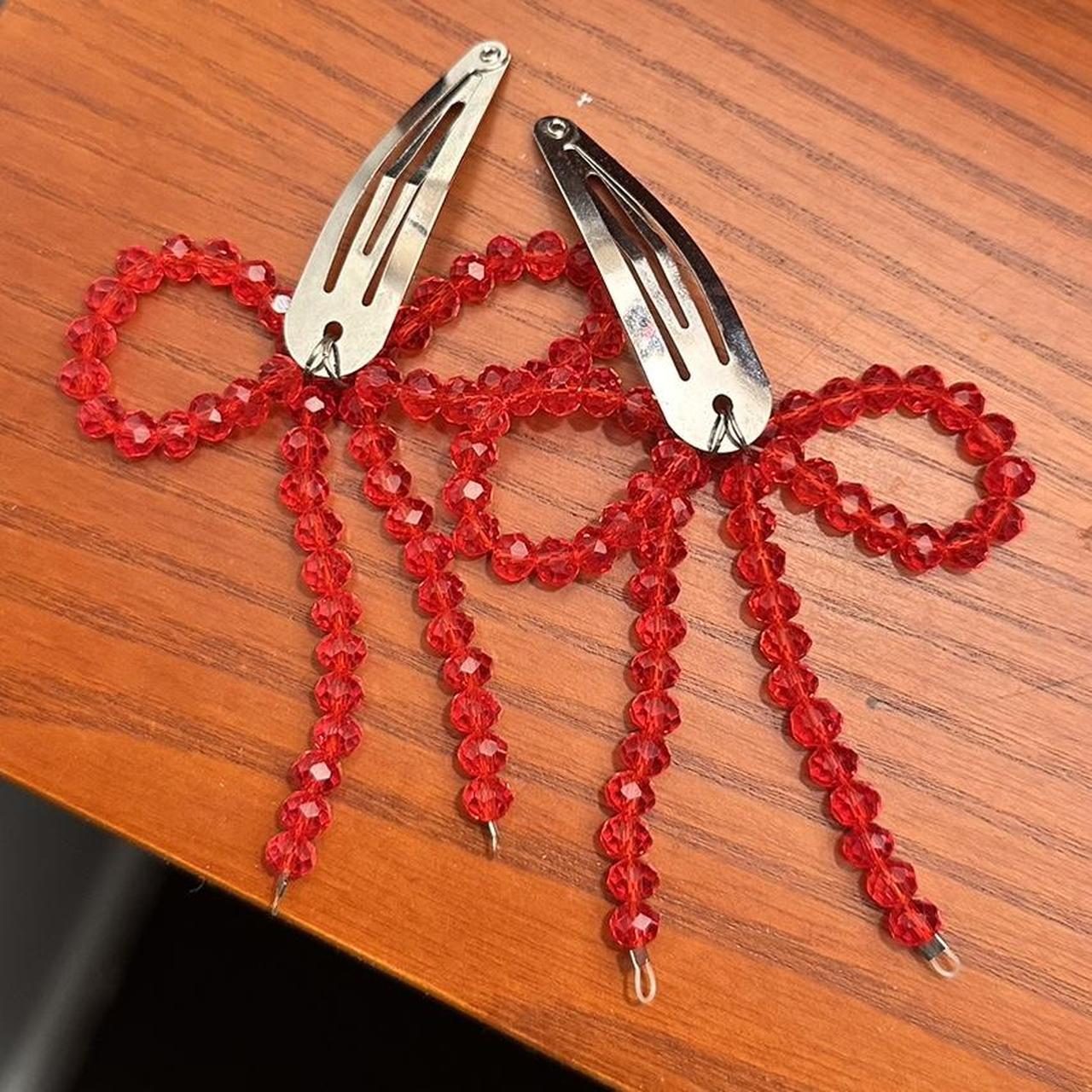 Beaded Cherry Red bow hair clips - Depop