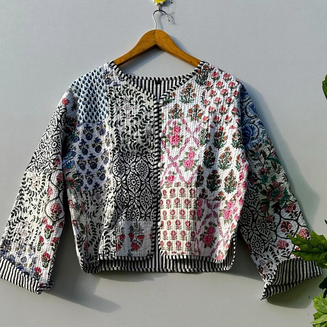 Multi Color Hand Block Printed Cotton Quilted Jacket... - Depop