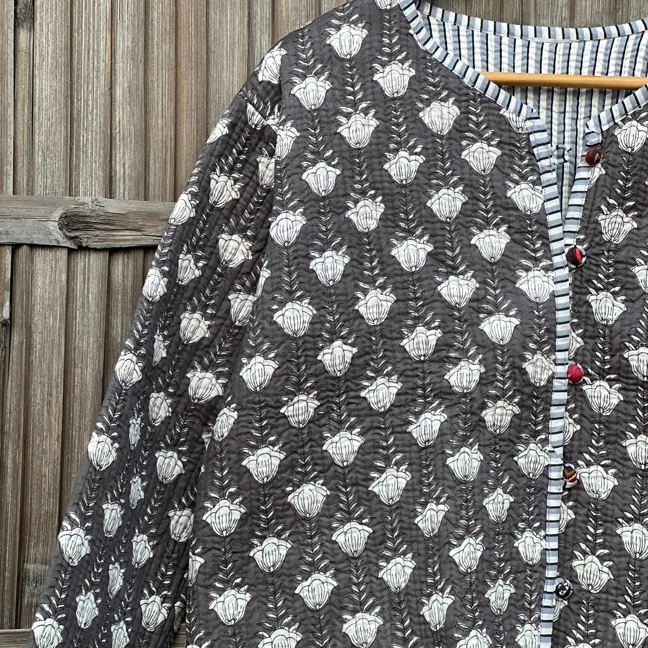 Reversible hand block print quilted jacket, handmade... - Depop