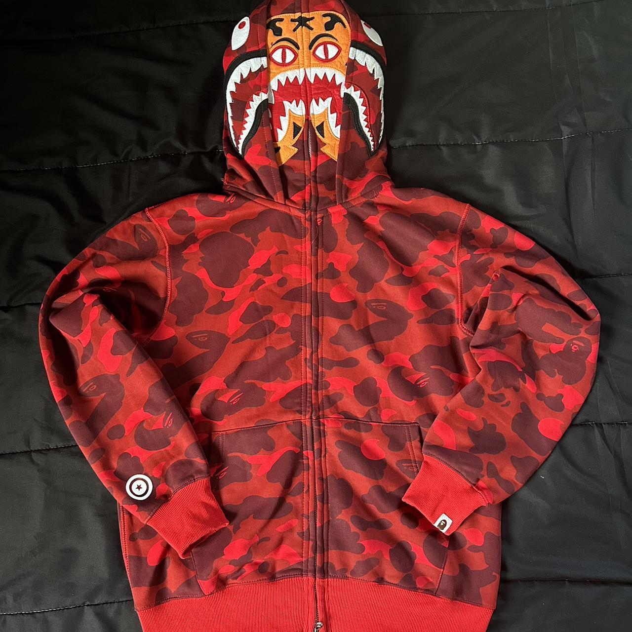 Red Double Hooded Bape Hoodie Worn a couple of... - Depop
