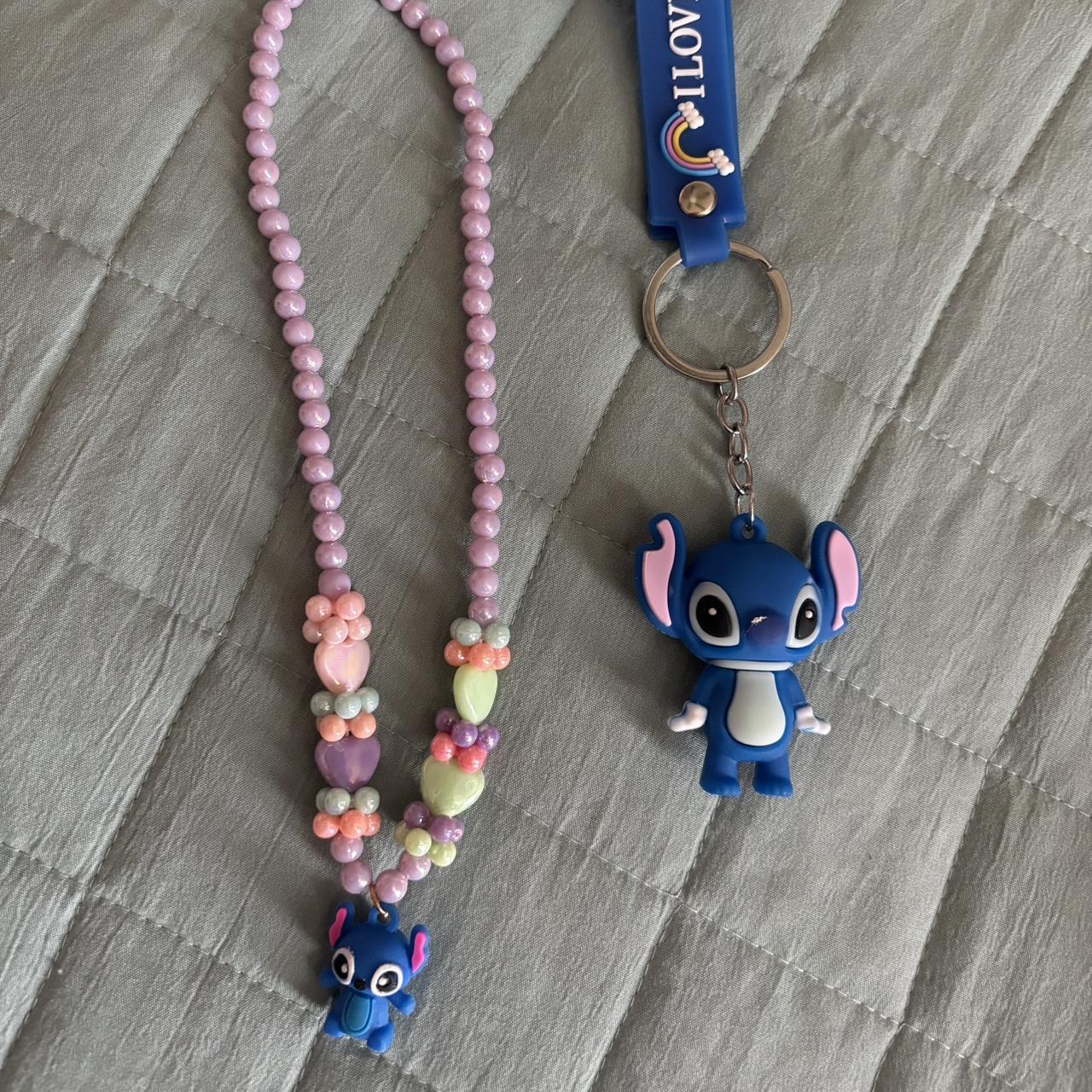 Stitch keychain and necklace set in pink and blue. Depop