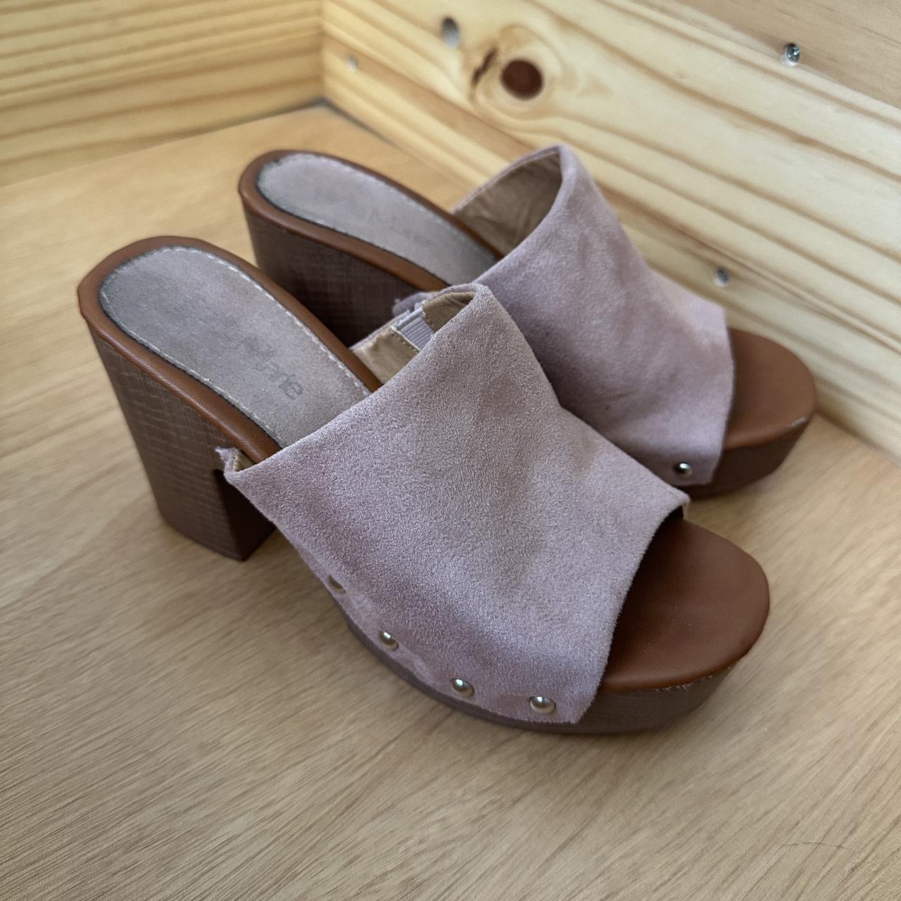 Brown and pink suede clogs with a chunky... | Depop