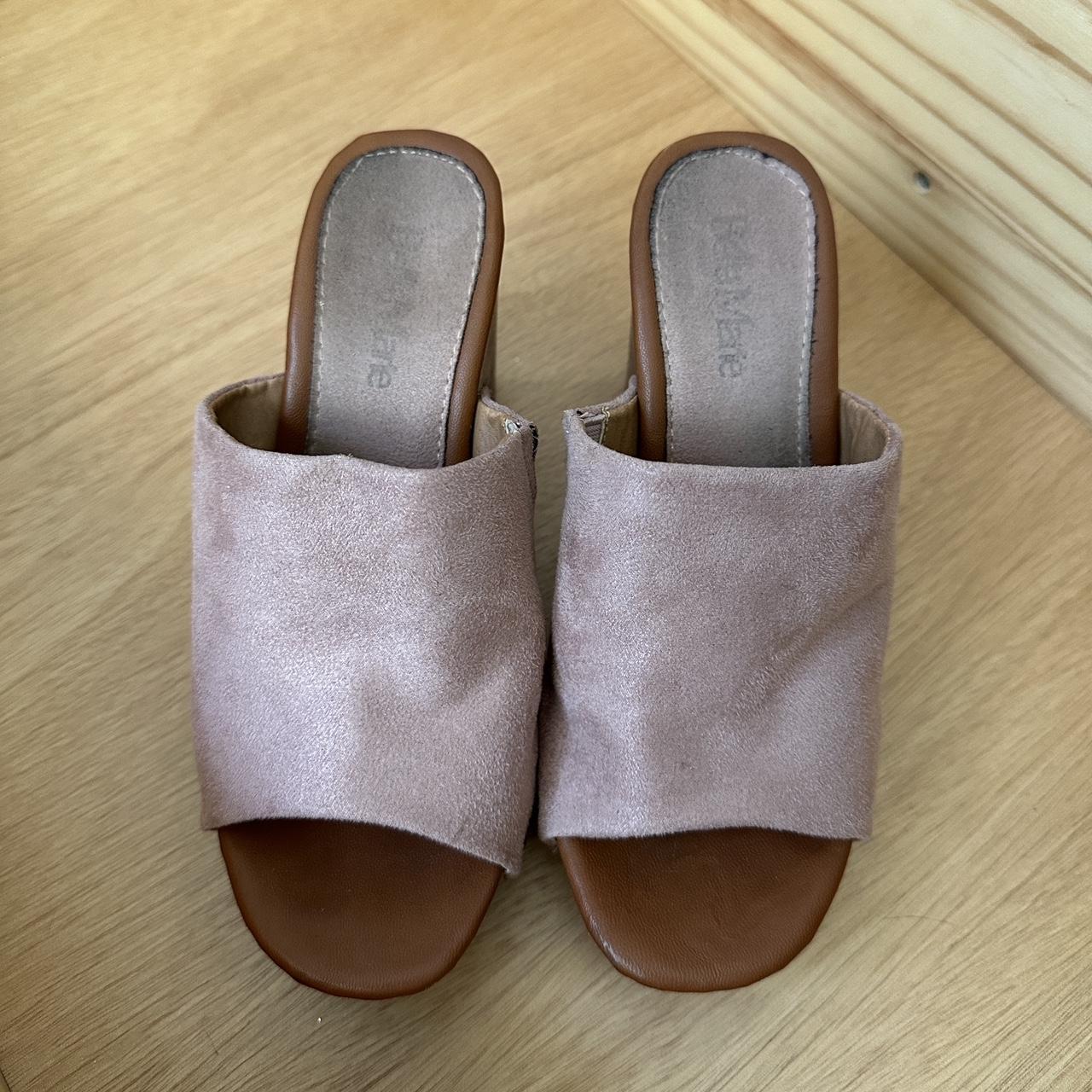 Brown and pink suede clogs with a chunky... | Depop