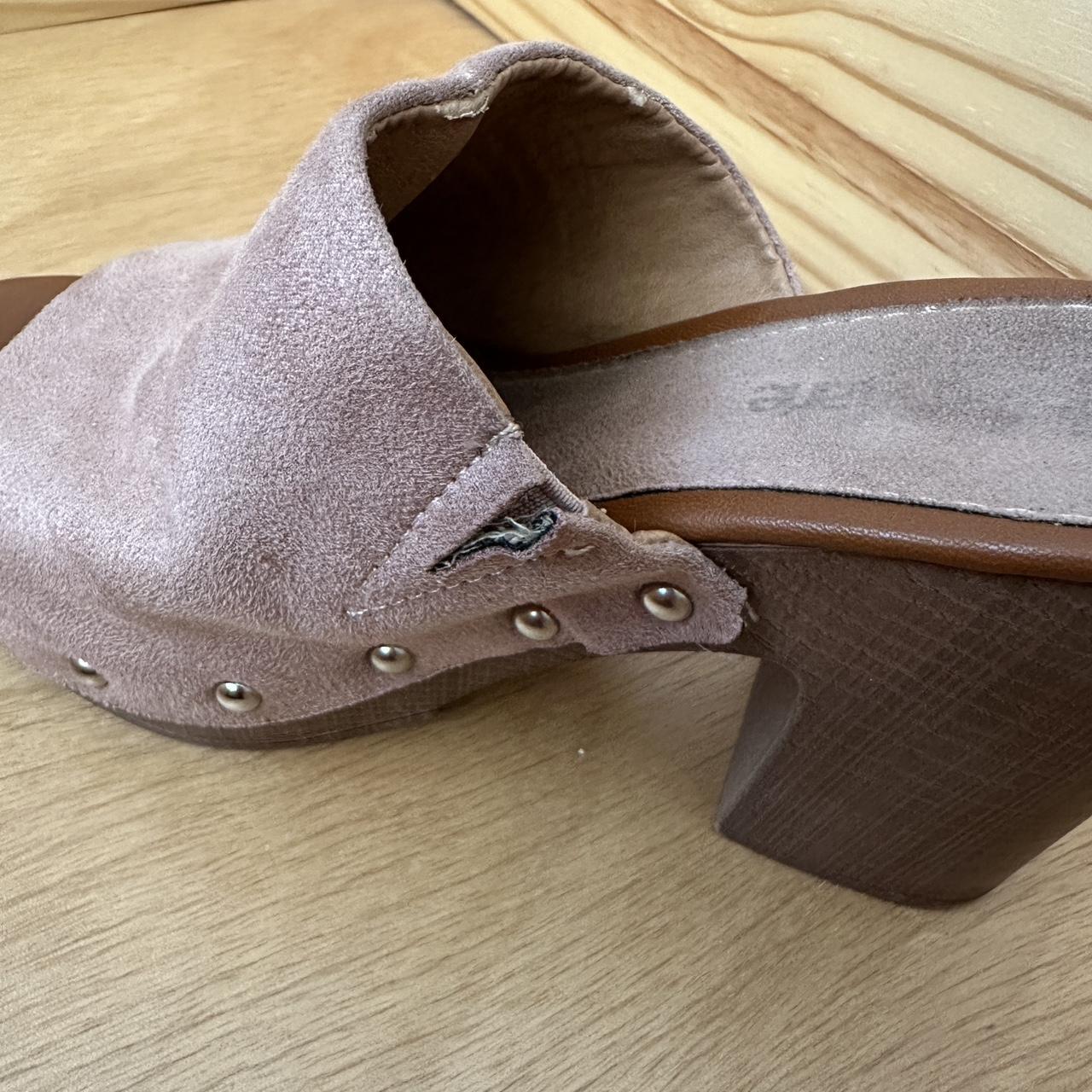 Brown and pink suede clogs with a chunky... | Depop