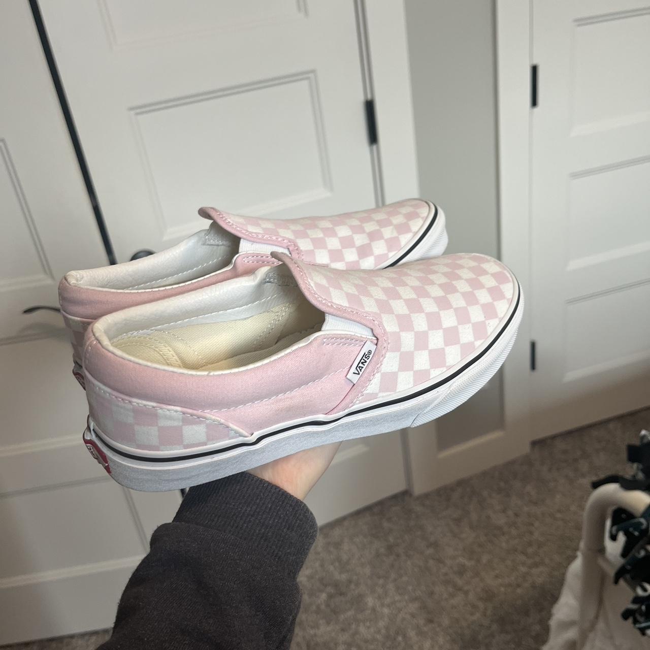 -light pink checkered vans -slip on -barley even... - Depop