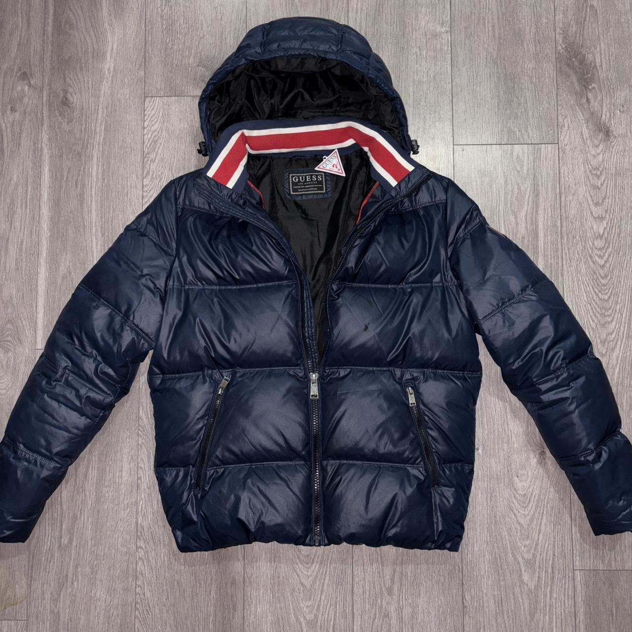 Navy blue Guess puffer jacket with hood... - Depop