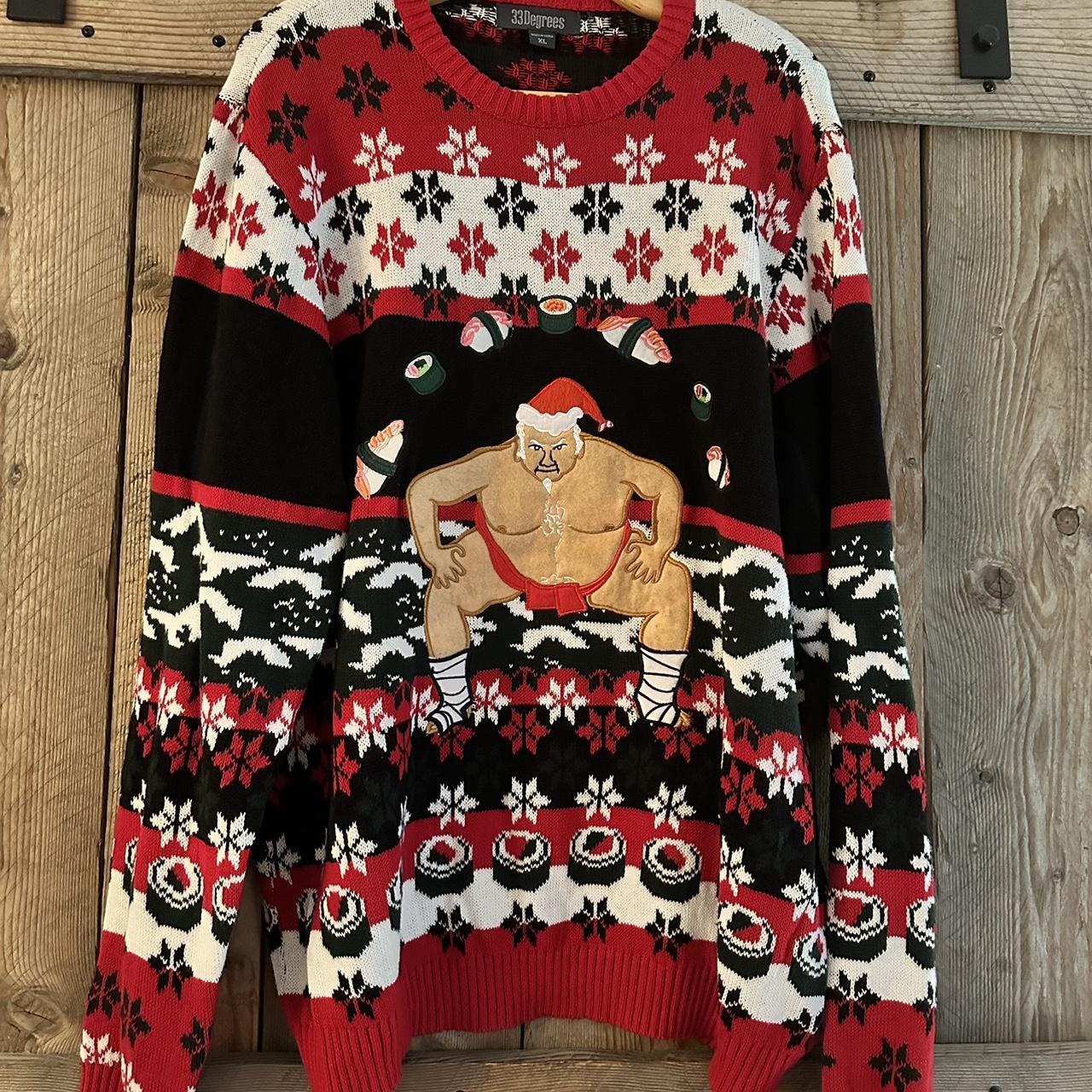 Red and white Christmas Sumo Wrestler sweater Size... - Depop