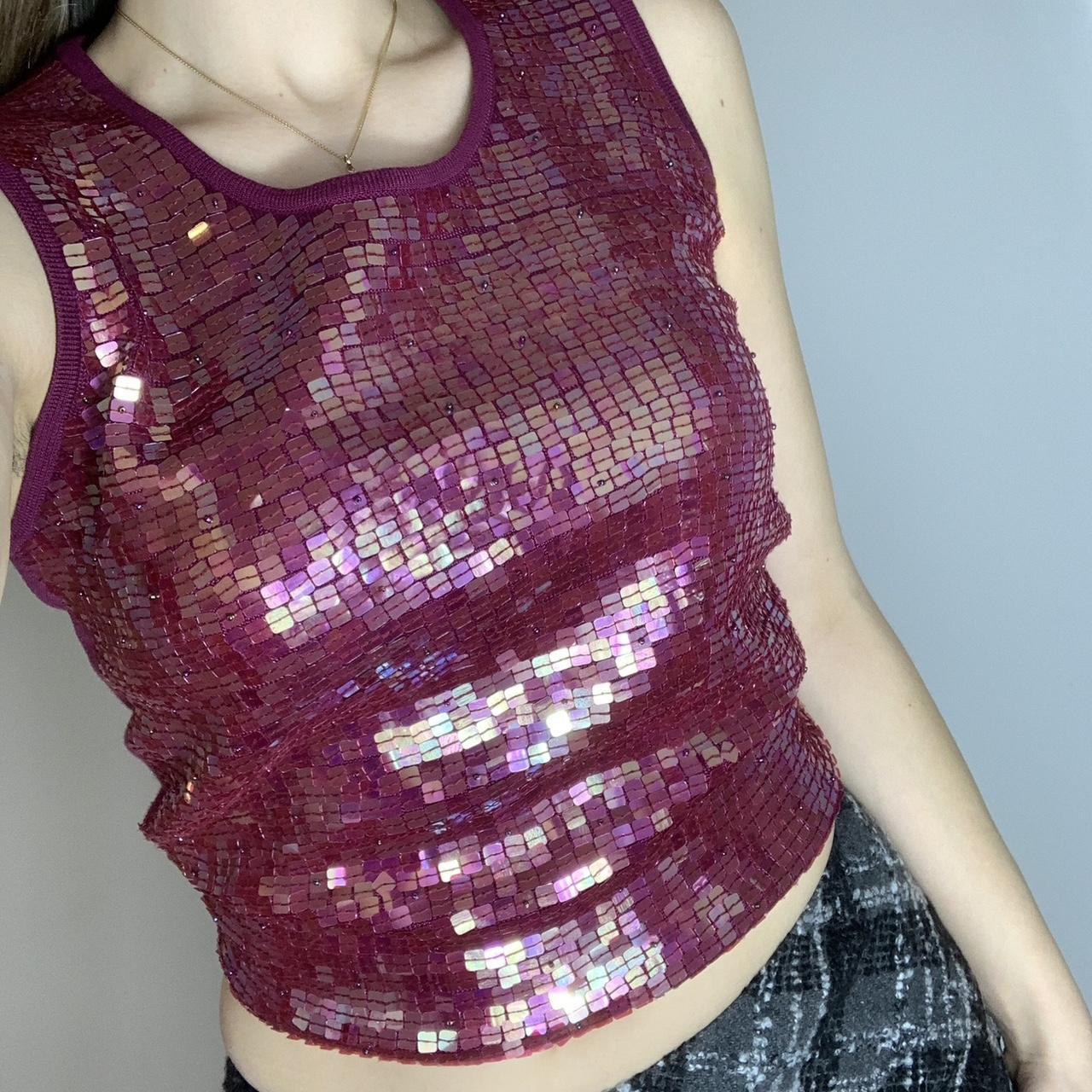 Vintage pink iridescent sequin cami top. Shown on a... - Depop