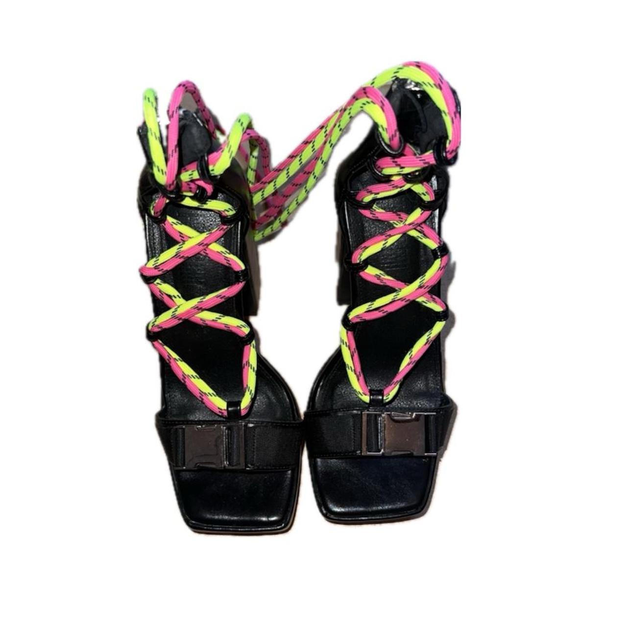 DOLLSKILL BLACK PLATFORM HEELS / NEON LACES. USA... - Depop