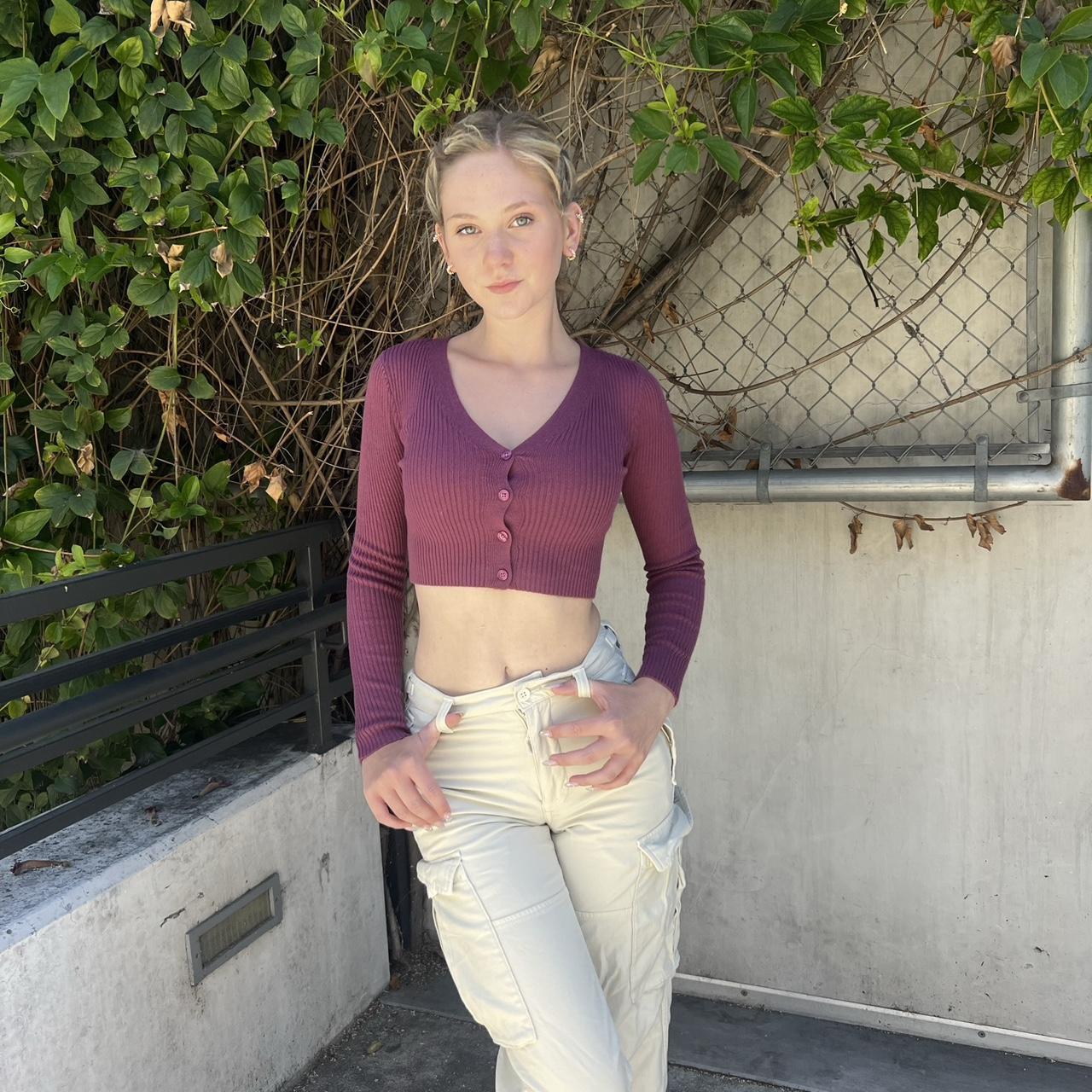 Purple Knit Crop Top Sweater worn by Lily Brooks... - Depop