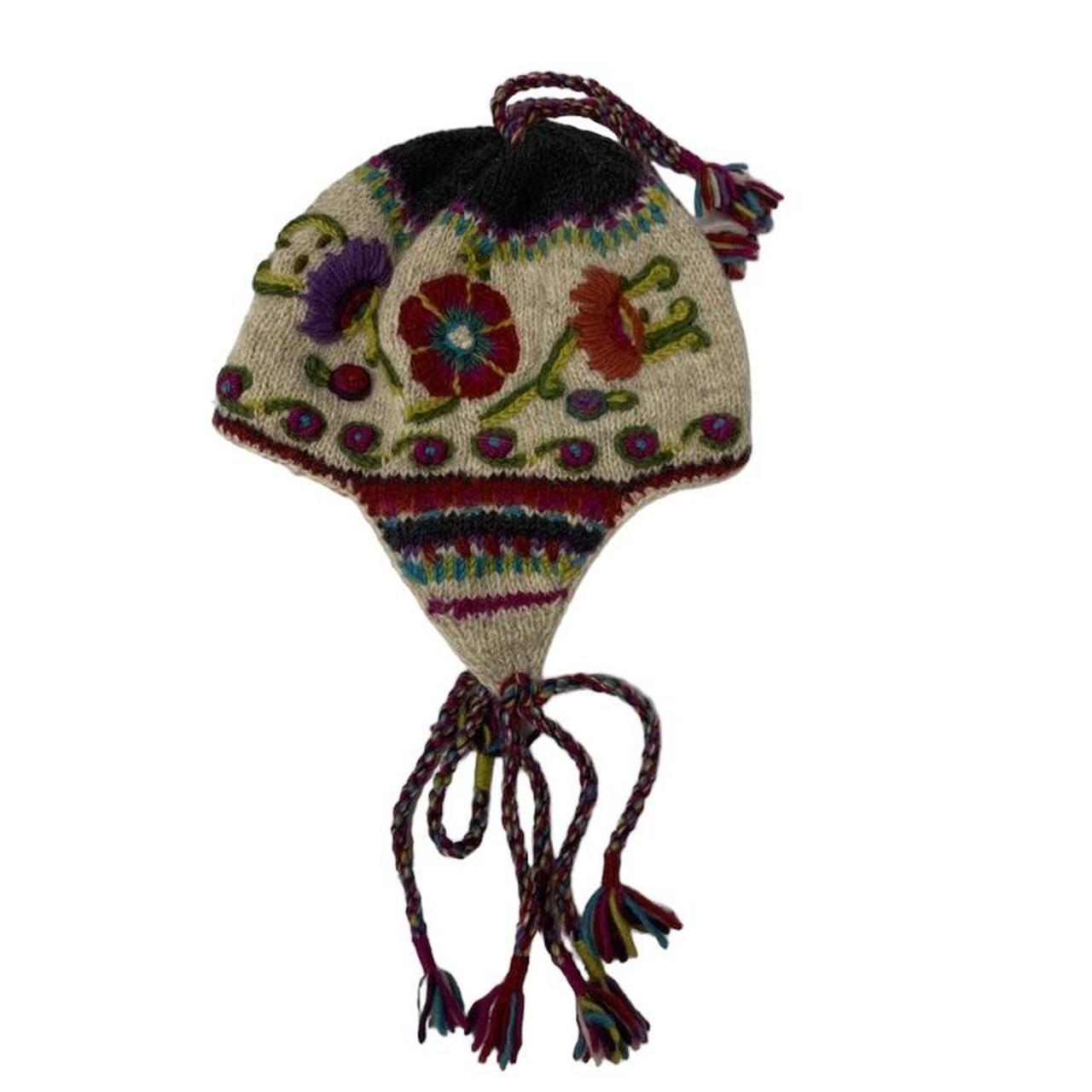 Unique floral Newari wool hat with ear warmers... - Depop