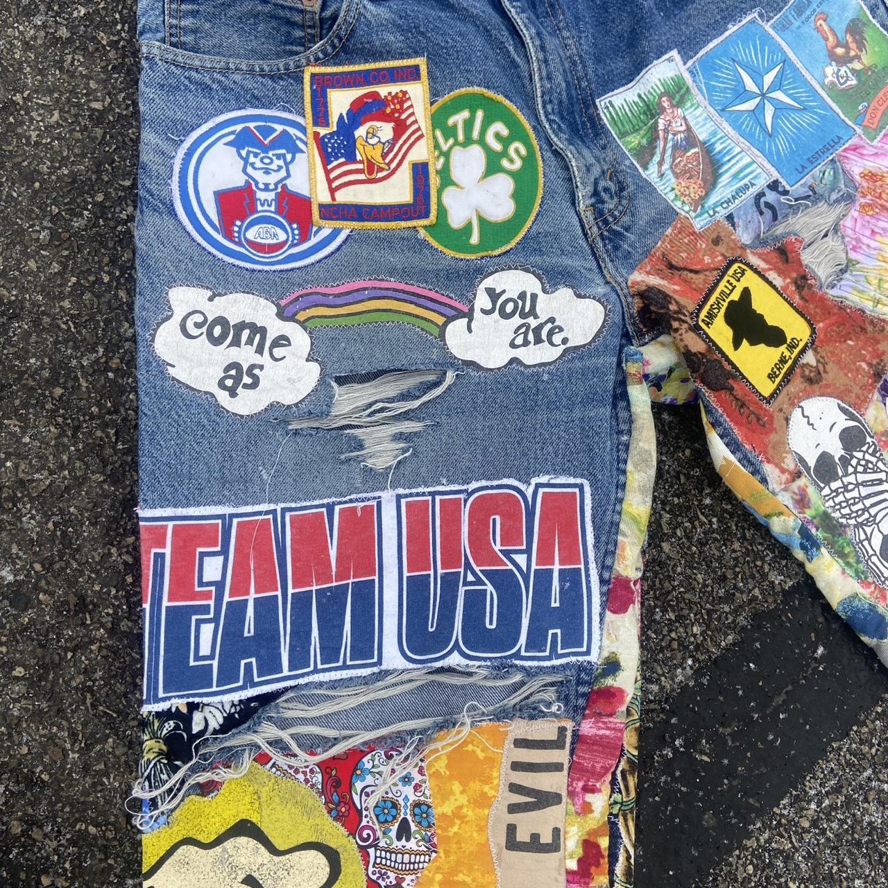 Custom patchwork denim jeans with a unique,... | Depop