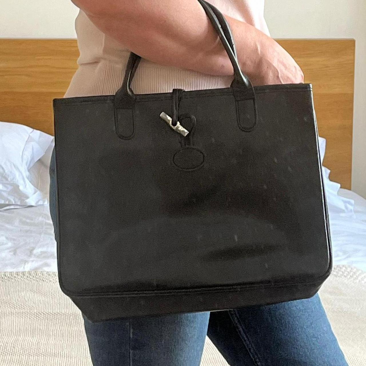 Longchamp black leather tote bag with silver... - Depop