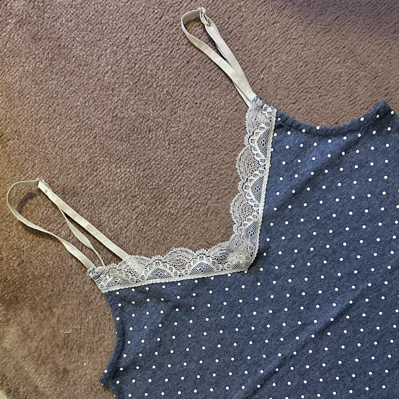 y2k brand flg flashlights blue/white polkadot v neck... - Depop