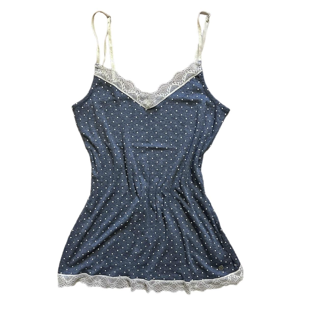 y2k brand flg flashlights blue/white polkadot v neck... - Depop