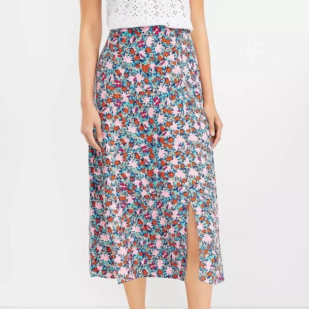 LOFT bright floral linen blend midi skirt size 10 - Depop